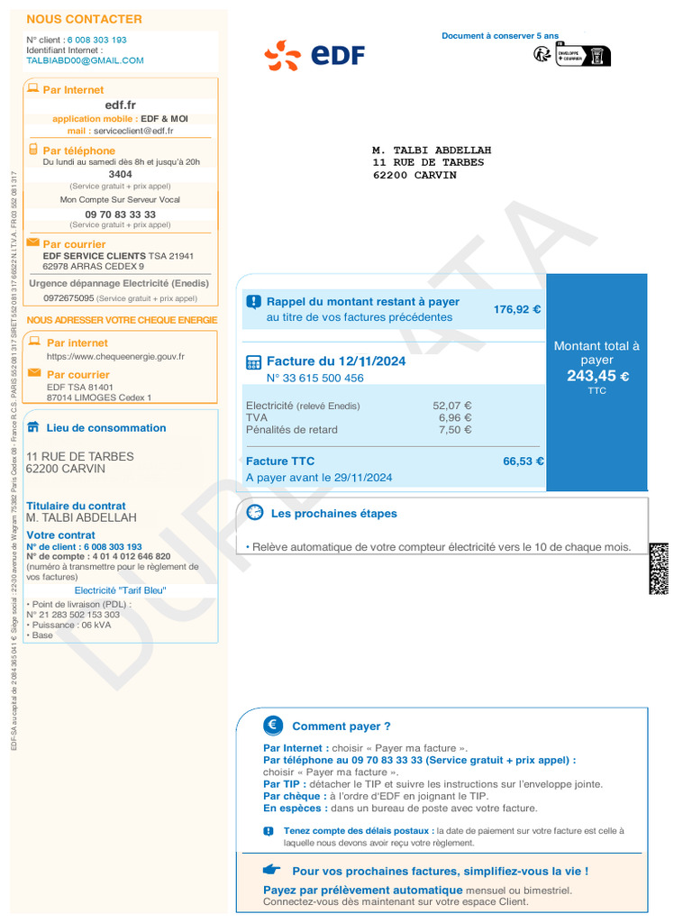 Facture EDF de M. Diabate Lamine | PDF | Facture | Comptabilité
