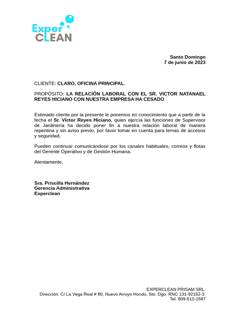 CARTA INFORMANDO AL CLIENTE DESVINCULACION DE UN SUPERVISOR | PDF ...