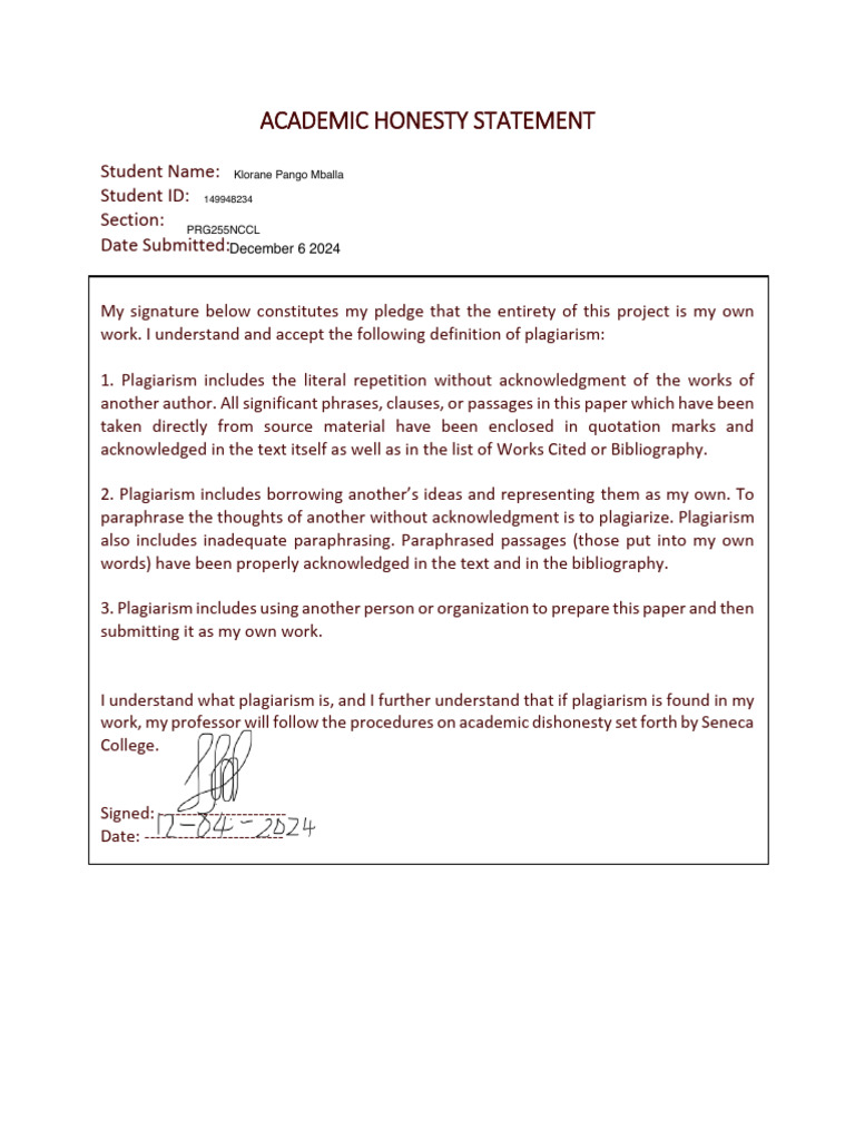 Academic Honesty Statement | PDF