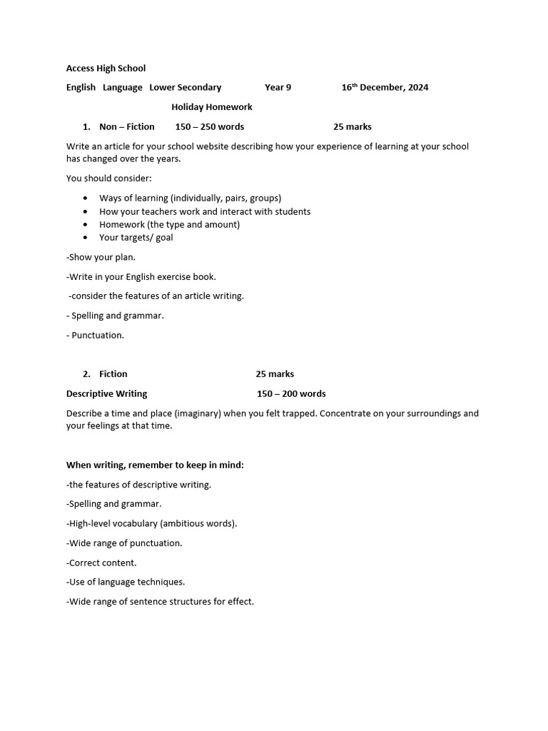 Holiday Home Work English Year 9 | PDF