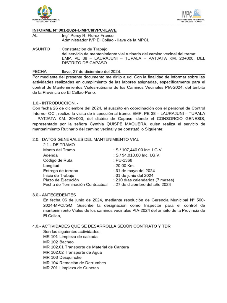 Informe #001-2024-Im-Ivp-Mpc-Ilave, Constatacion de Trabajo Laurajuni-Tupala | PDF