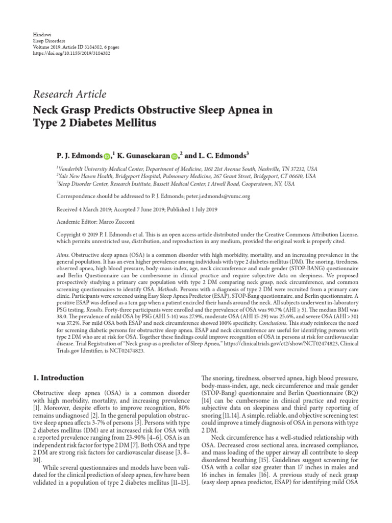 Neck Grasp OSAS T2DM Paper | PDF | Sleep Apnea | Sensitivity And ...
