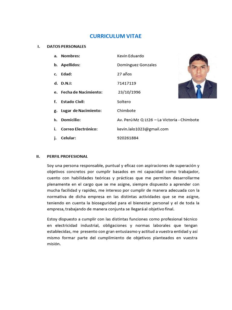 Curriculum Vitae de Kevin Domínguez | PDF | Electricista