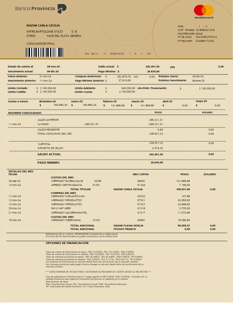 Resumen de Cuenta Mastercard Gold | PDF | Tarjeta de crédito | Crédito