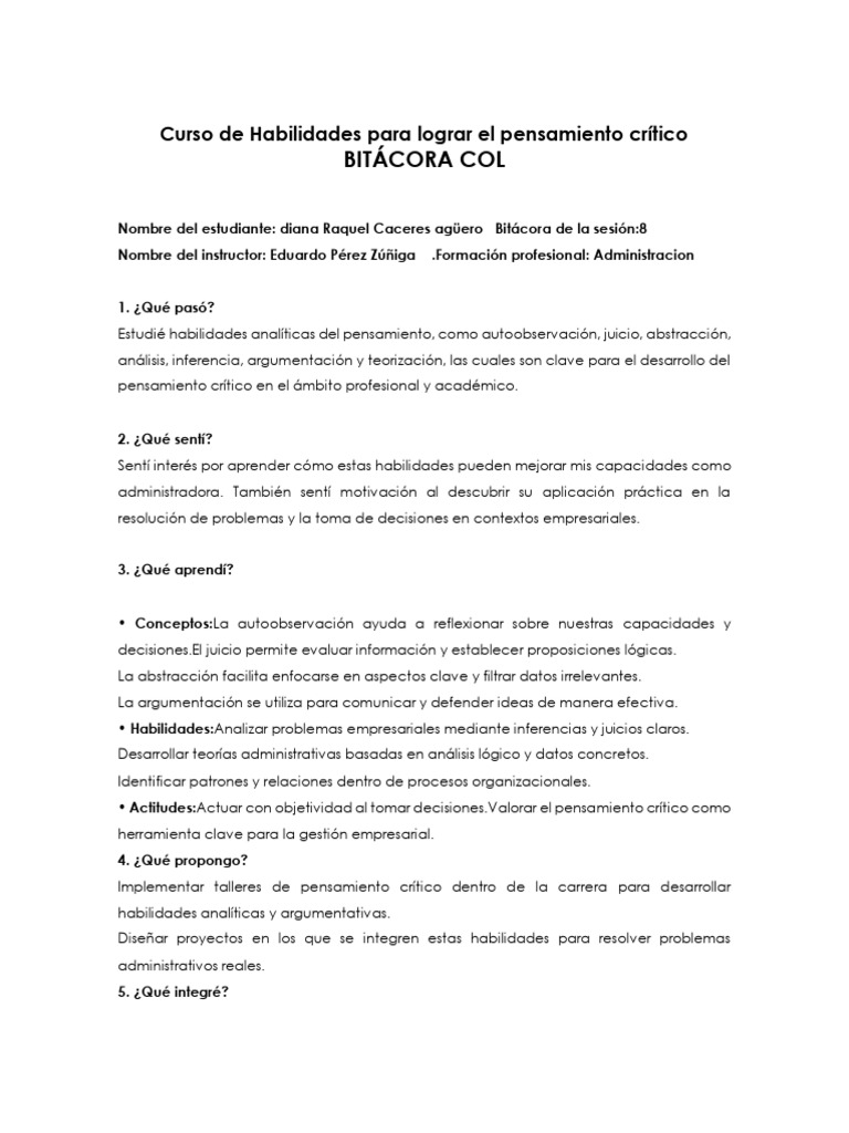 Formato de Bitacora COL 8 | PDF | Pensamiento | Pensamiento crítico