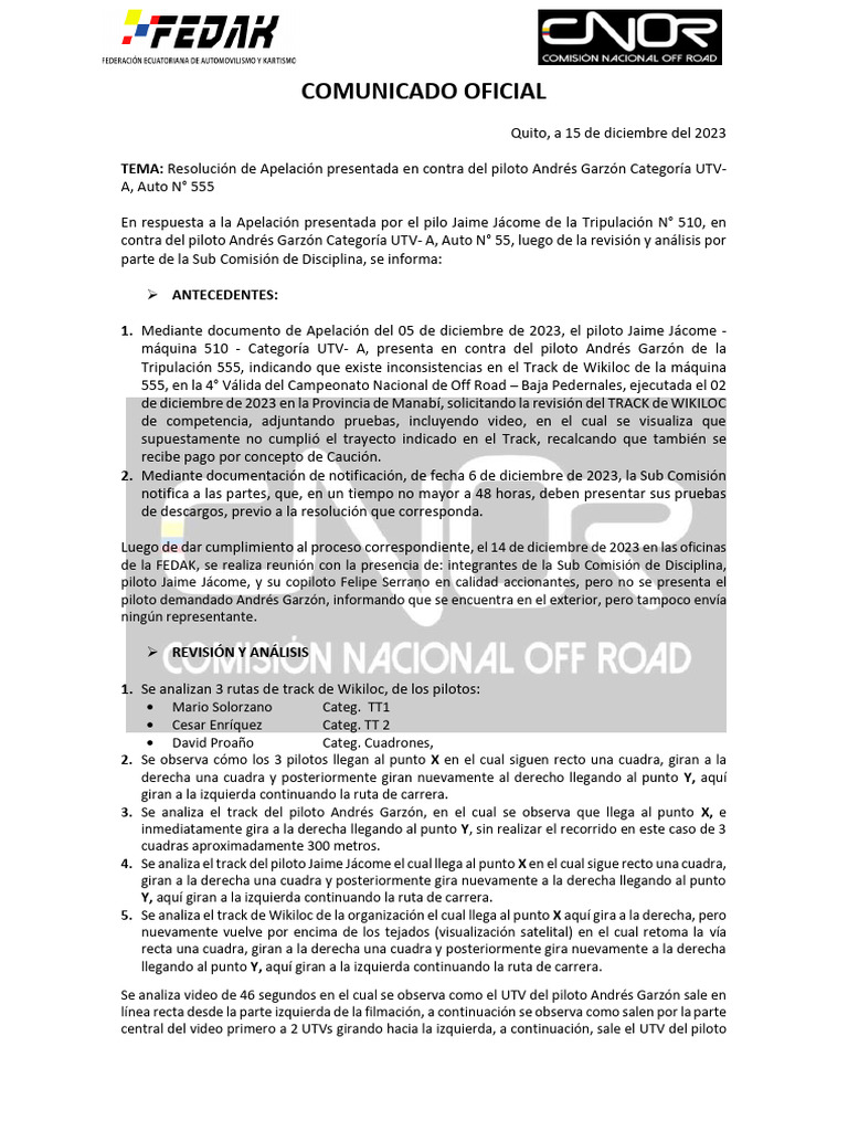 Comunic Oficial Apelación Contra Andrés Garzón | PDF