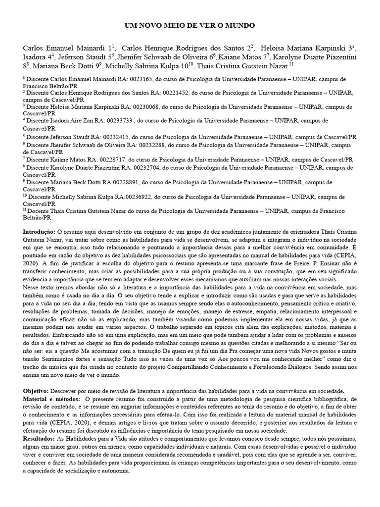 Cópia de PACEx Modelo - Resumo Expandido | PDF | Comunicação | Pensamento