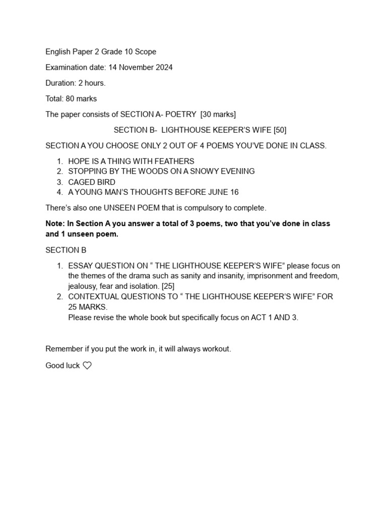 Grade 10 English Paper 2 Scope 2024 | PDF