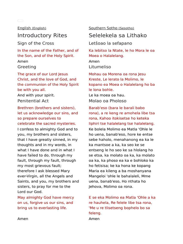 Mass in English Southern Sotho | PDF | Eucharist | Catholic Liturgy