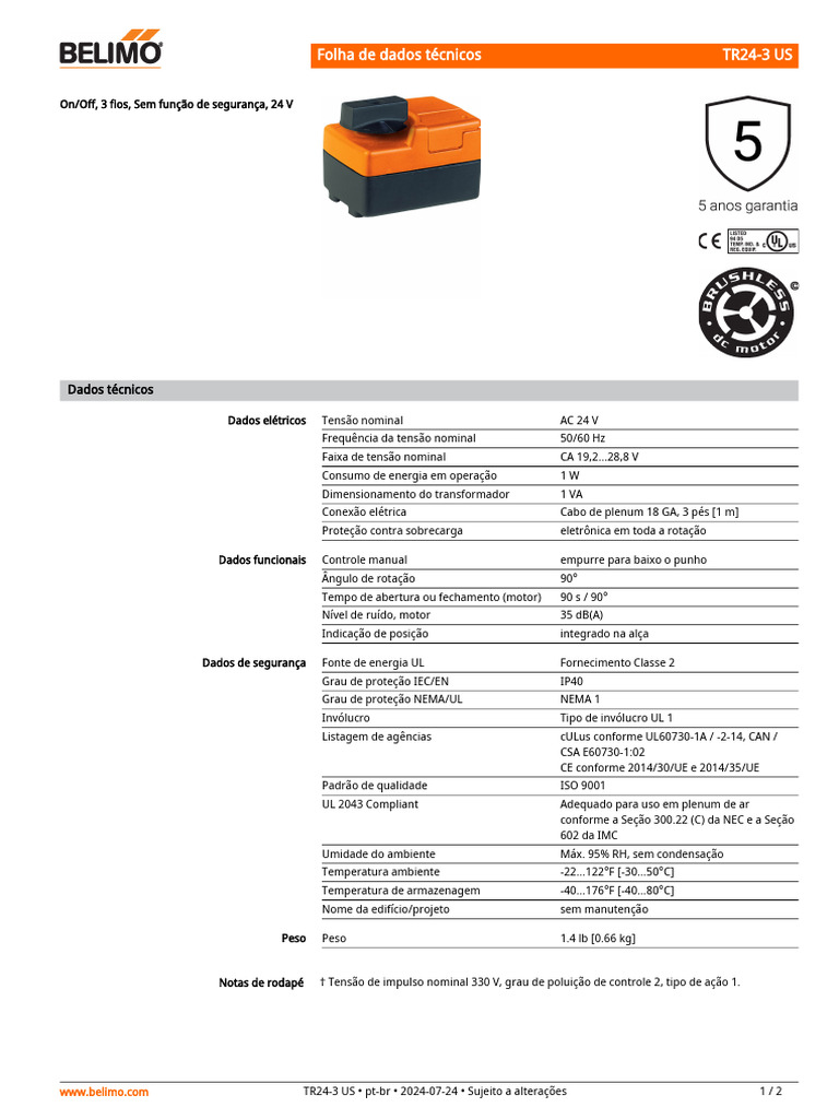 Belimo TR24-3 US Datasheet PT-BR | PDF | Eletricista | Engenharia Elétrica