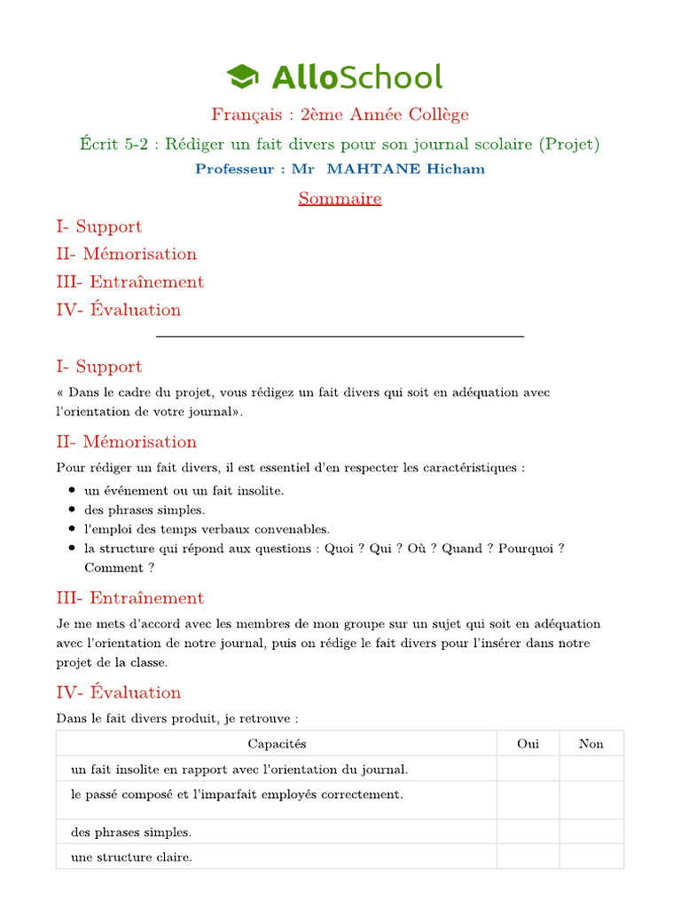 Ecrit 5 2 Rediger Un Fait Divers Pour Son Journal Scolaire Projet 2 | PDF
