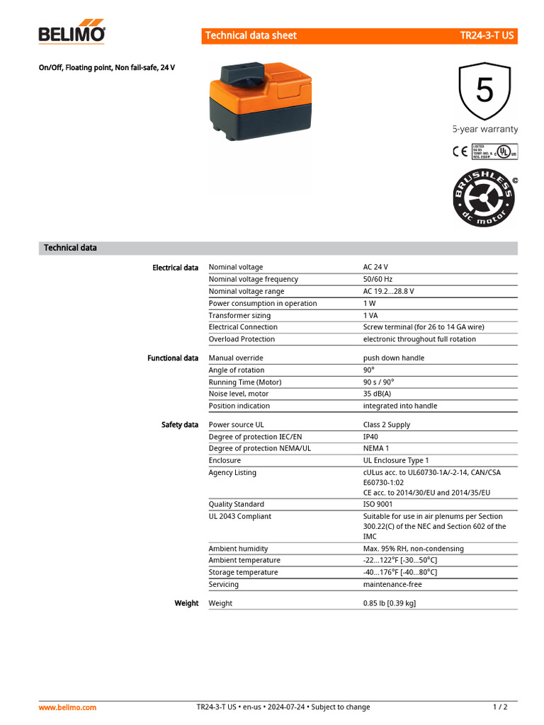 Belimo TR24-3-T US Datasheet En-Us | PDF | Power Supply | Alternating Current