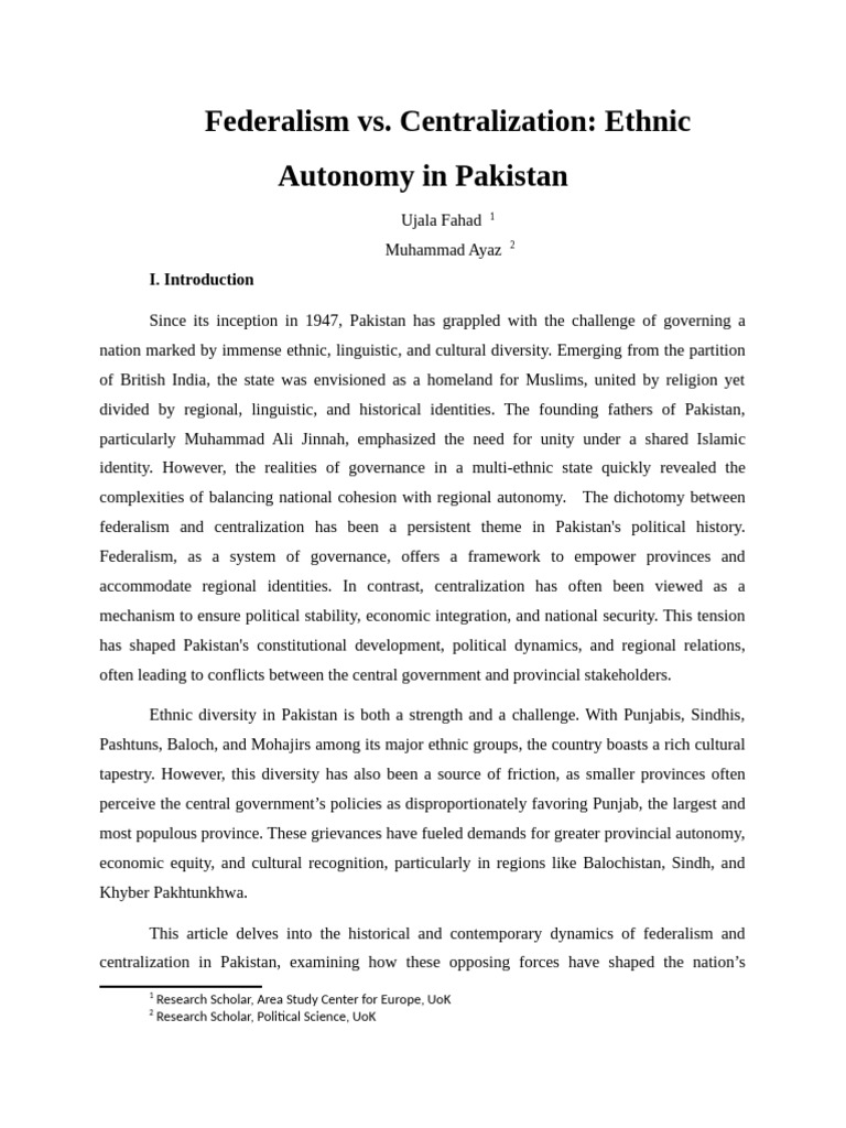 Federalism and Ethnic Autonomy in Pakistan | PDF | Pakistan | Governance