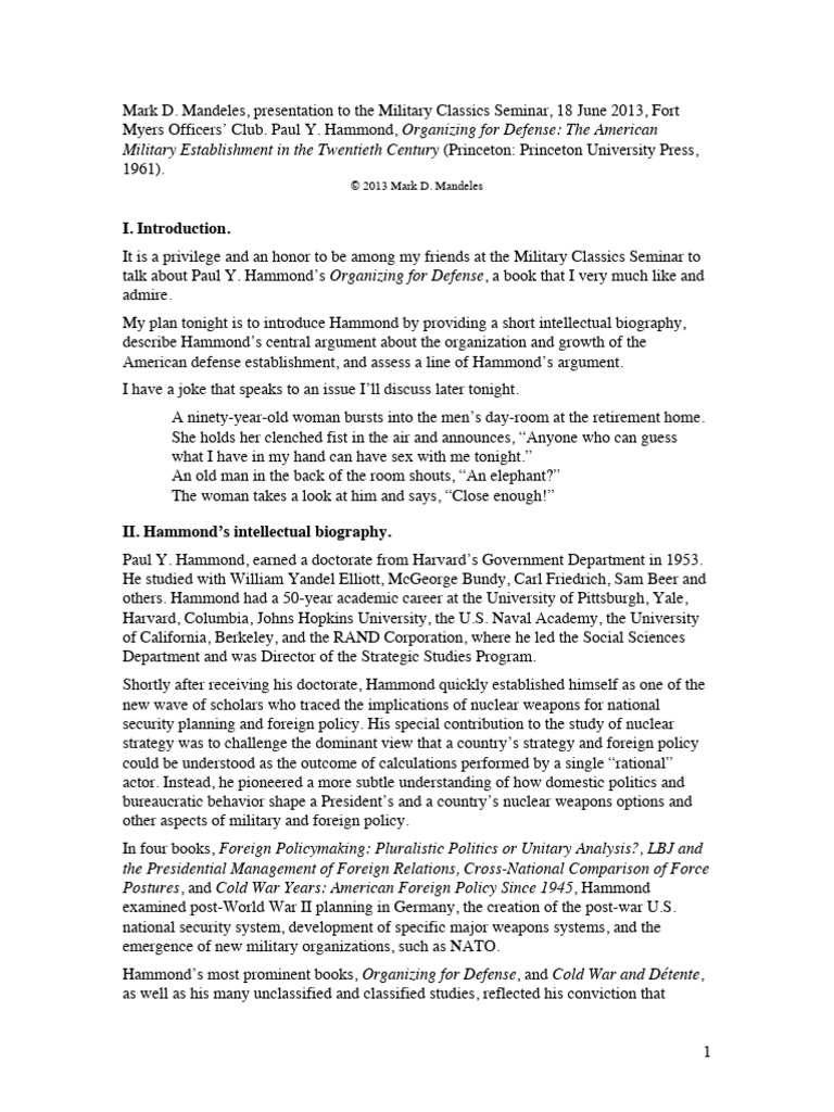 Hammond's Insights on U.S. Defense Organization | PDF | Staff (Military ...