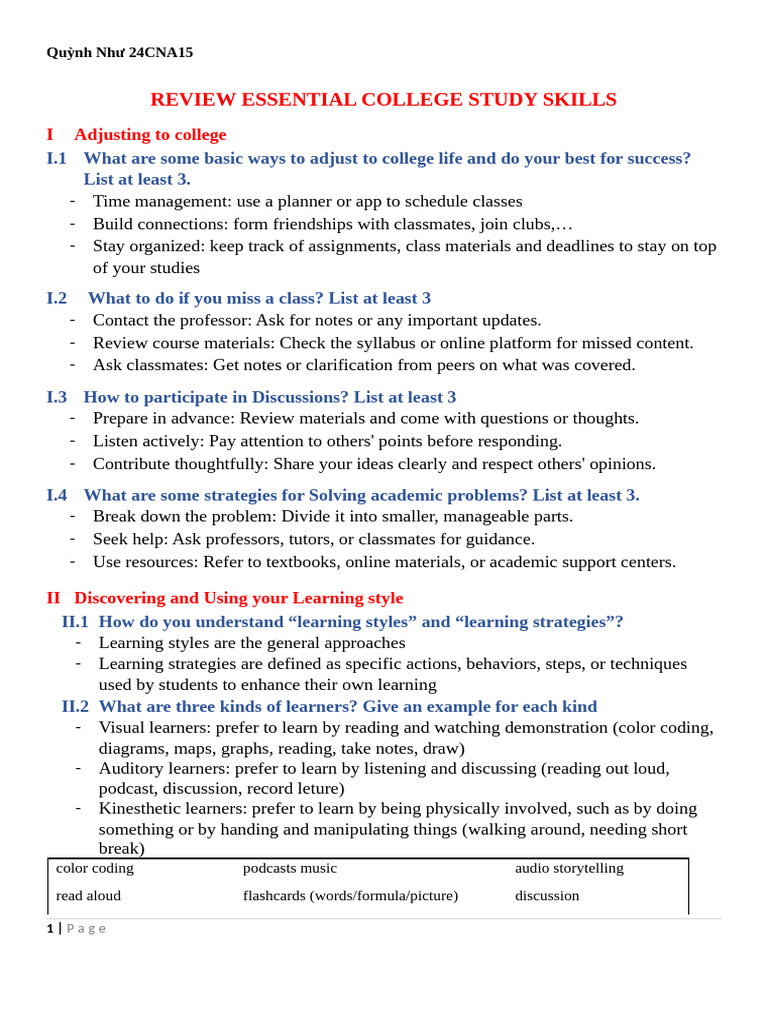 Review Essential College Study Skills | PDF | Learning | Learning Styles