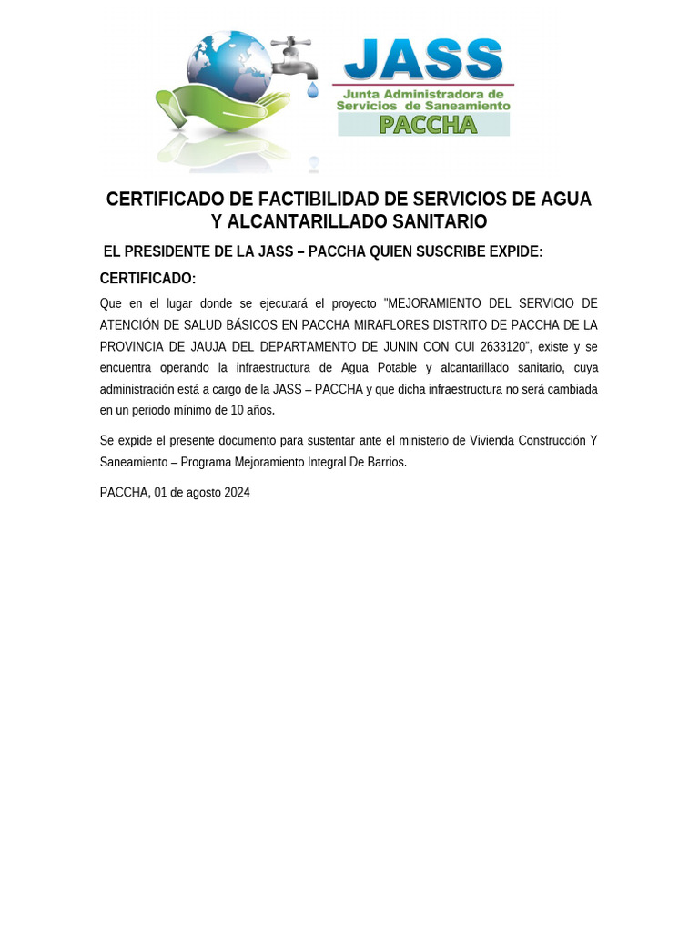 Certificado de Factibilidad de Servicios de Agua y Alcantarillado Sanitario | PDF