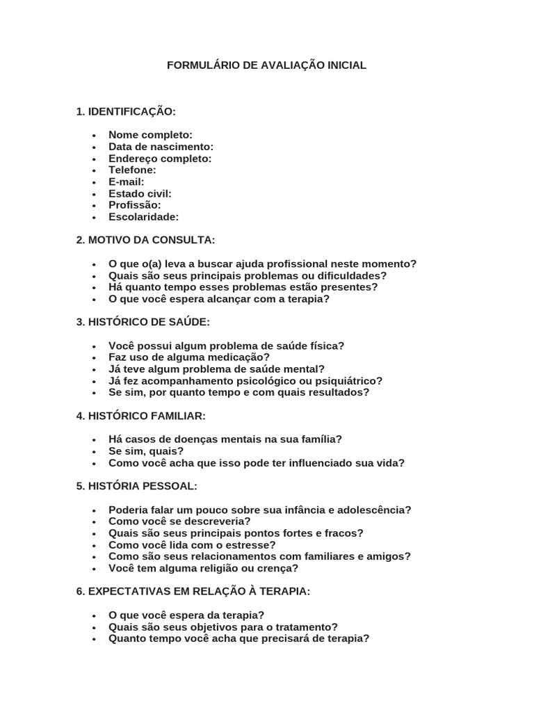 Anexo - Formul Rio de Avalia Æo Inicial | PDF