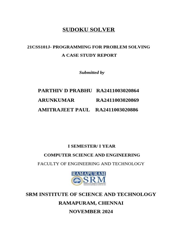 Sudoku Solver Project Doc Pdf Computer Science Computer Programming