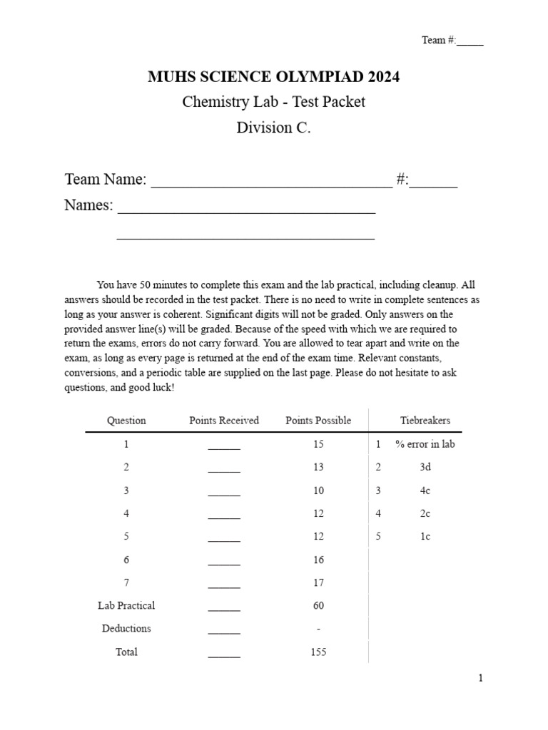 2024 MUHS Invite - Chemistry Lab Test Packet NCW Version | PDF ...