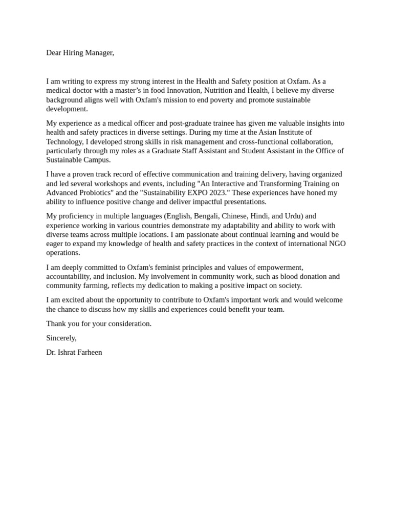 Oxfam Cover Letter | PDF