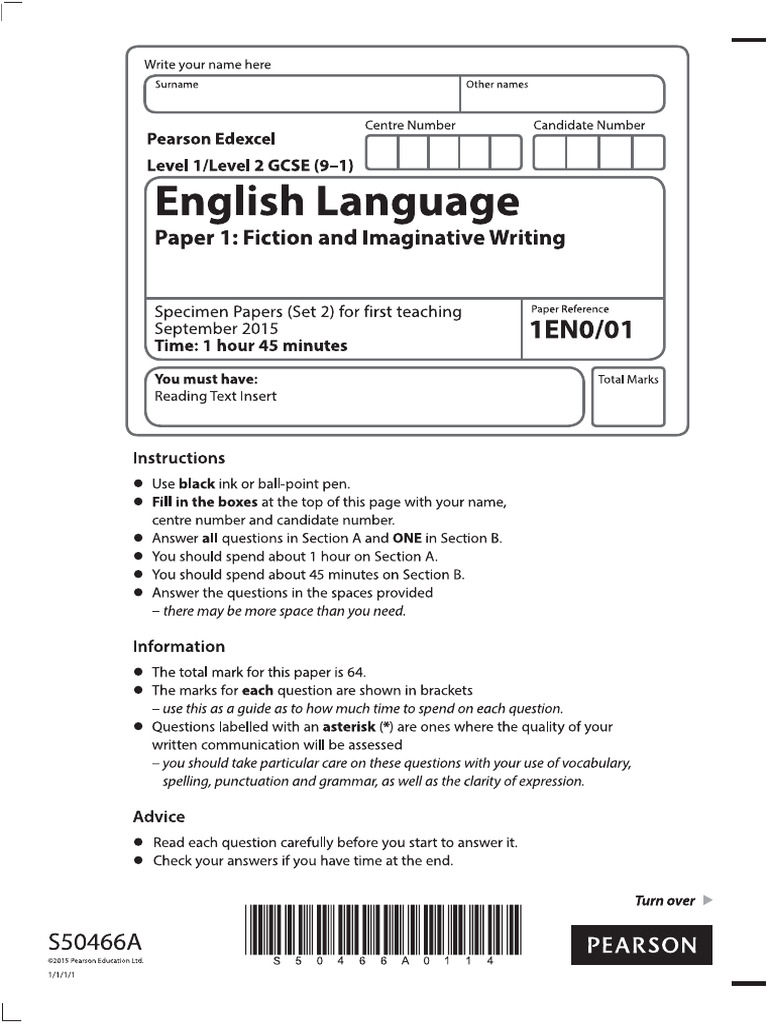 Specimen 2 Question Paper - Paper 1 Edexcel English Language GCSE (1 ...