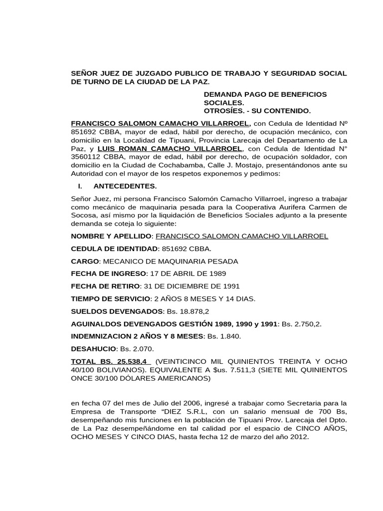 Demanda Beneficios Social | PDF | Tiempo de trabajo | Business