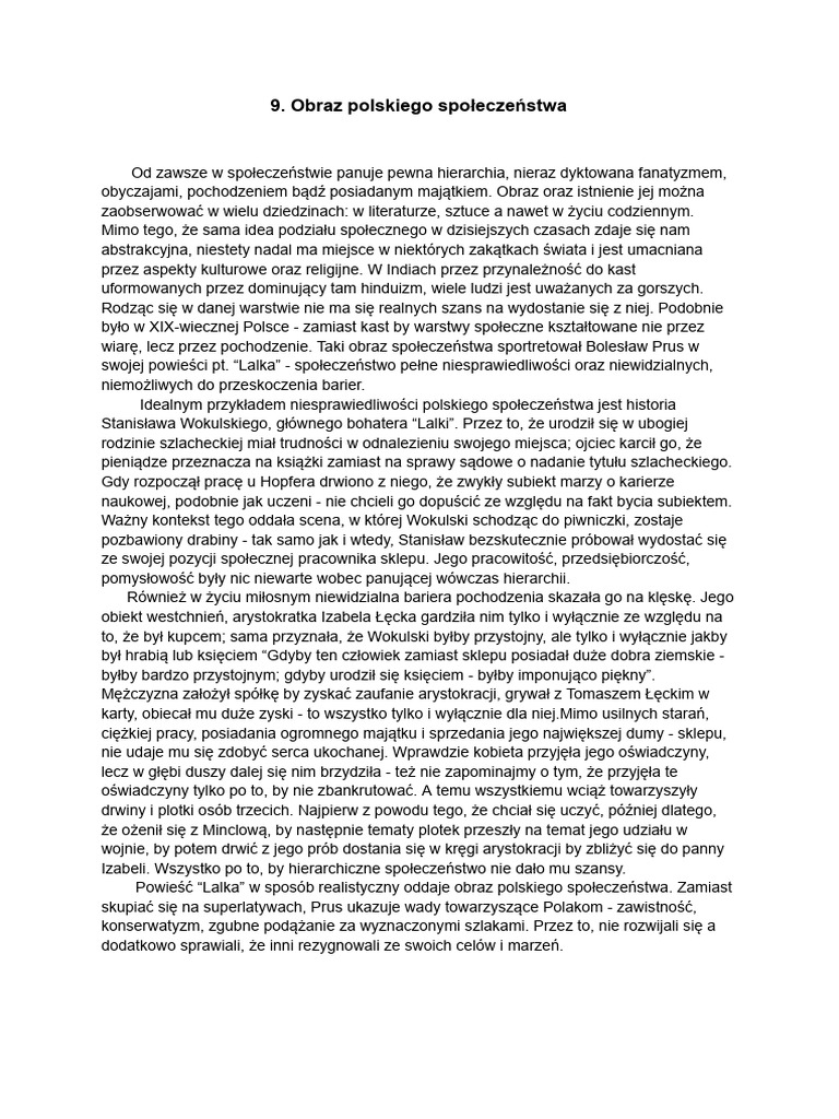 Obraz Polskiego Społeczeństwa W "Lalce" B. Prusa | PDF