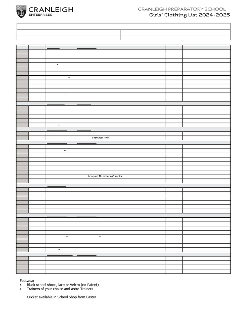 2024-25 CPS Girls Uniform Clothing List | PDF | Blouse | Sock