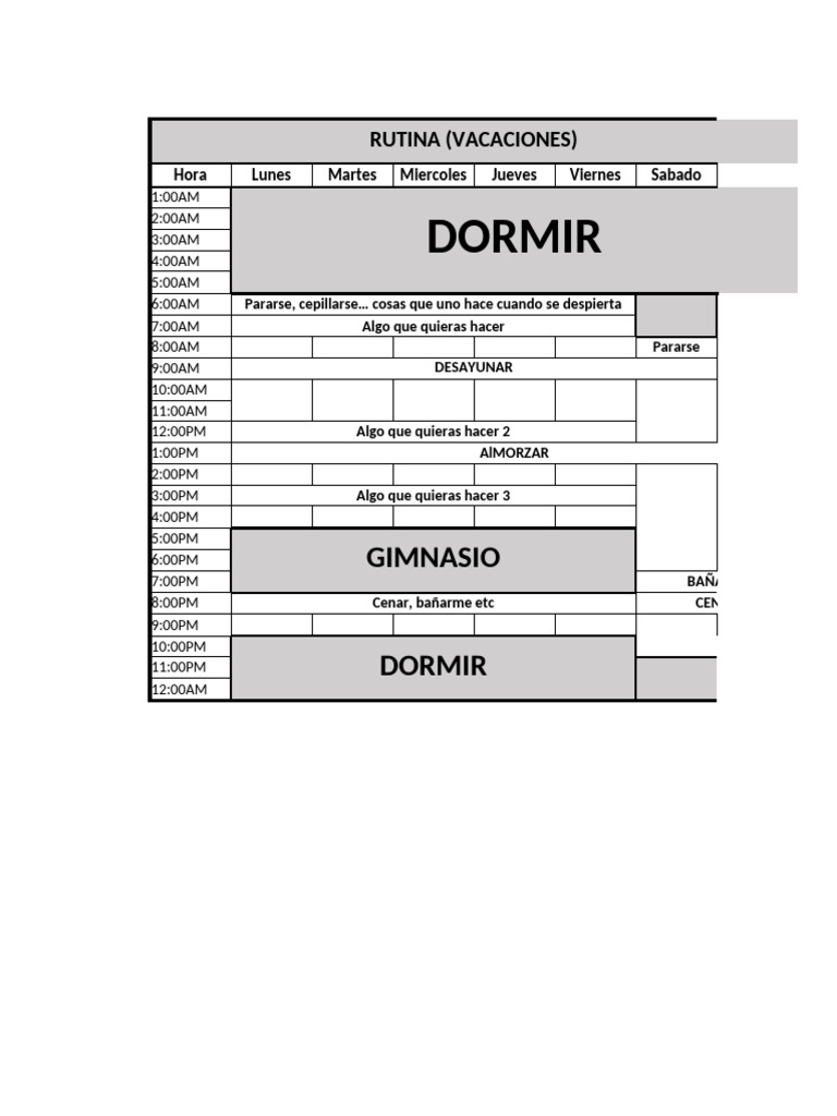 Rutina de Vacaciones Semanal | PDF