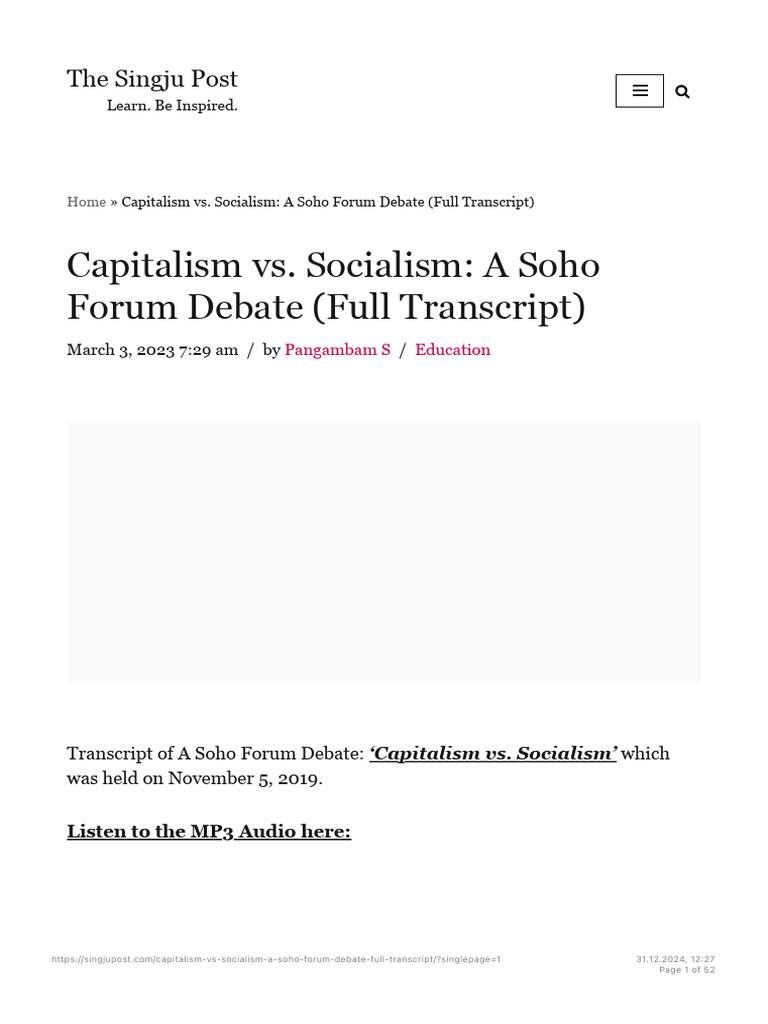 Capitalism vs. Socialism Debate Transcript | PDF | Socialism | Capitalism