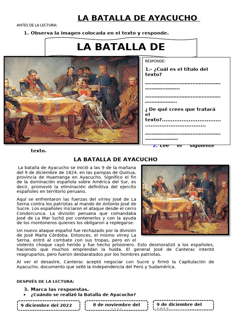 09. FICHA PLAN LECTOR-LA BATALLA DE AYACUCHO | PDF | Batallas | América del Sur