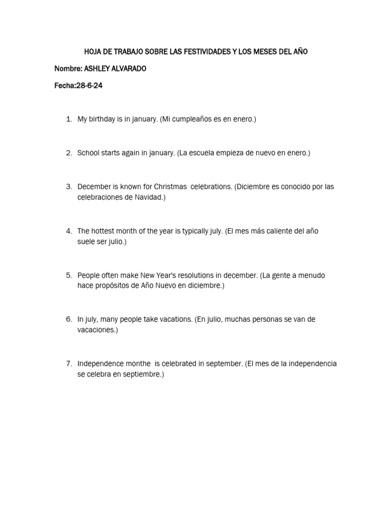 Hoja de Trabajo Sobre Las Festividades y Los Meses Del Año | PDF