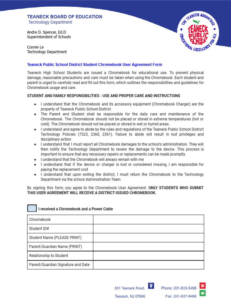 Teaneck Chromebook User Agreement Form | PDF