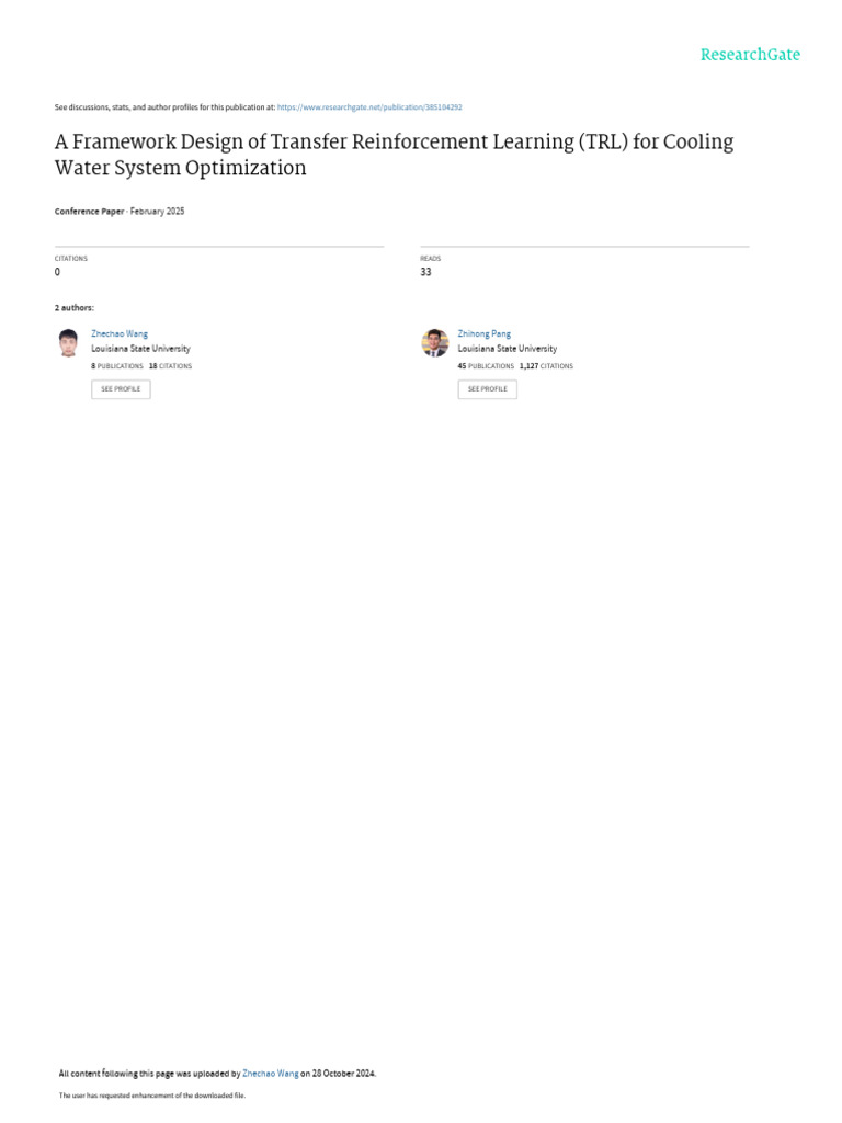 AFramework Designof Transfer Reinforcement Learning TRLfor Cooling Water System Optimization ...