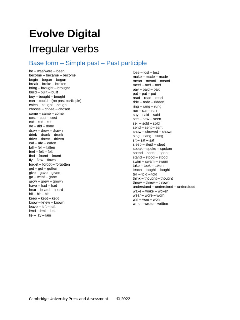 Evolve Digital Irregular Verbs List | PDF