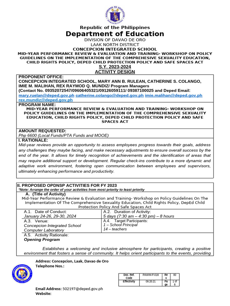PAWIM F 016 Activity Proposal Template With Annotations MPRE | PDF | Policy | Sex Education