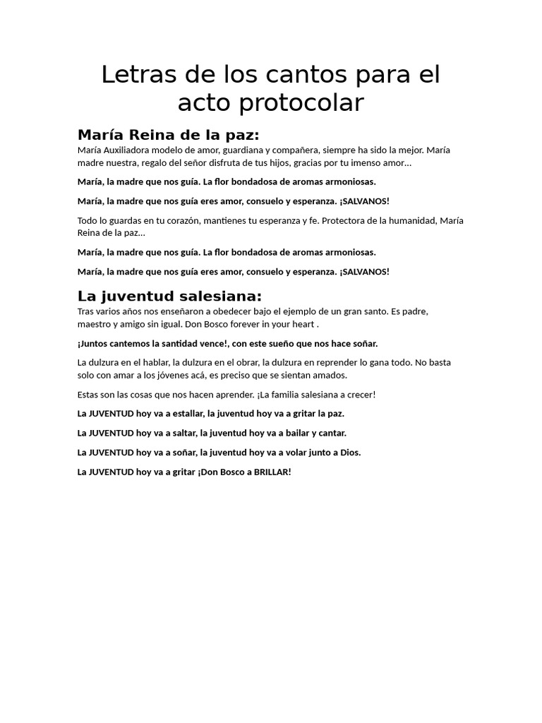 Letras de Los Cantos para El Acto Protocolar | PDF