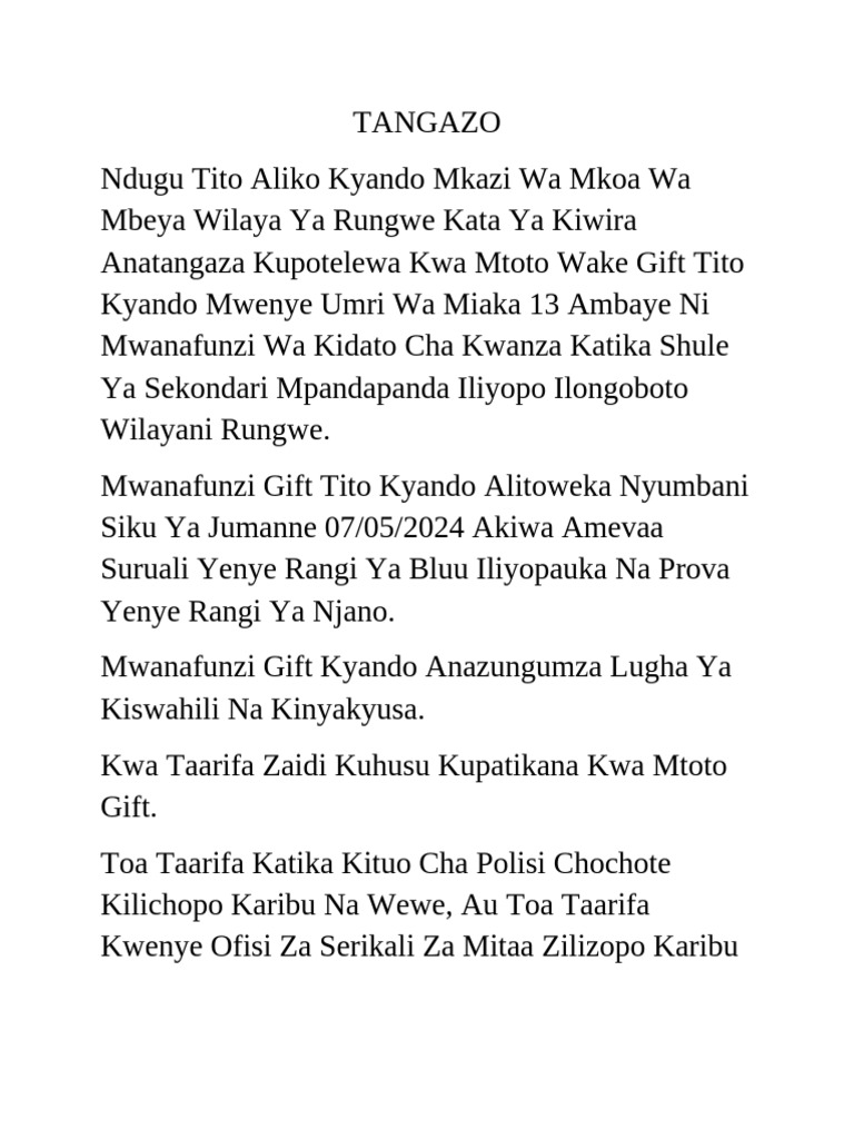 Tangazo La Kupotea 13may2024 | PDF