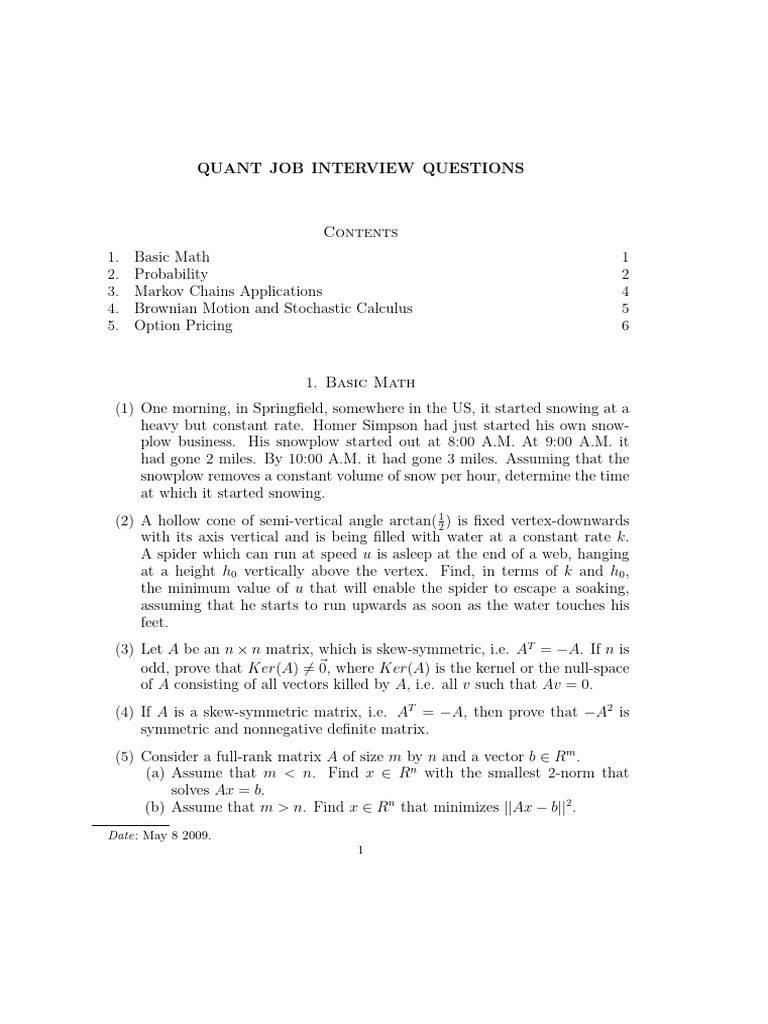 Quant Job Interview Questions-1 | PDF | Option (Finance) | Probability ...