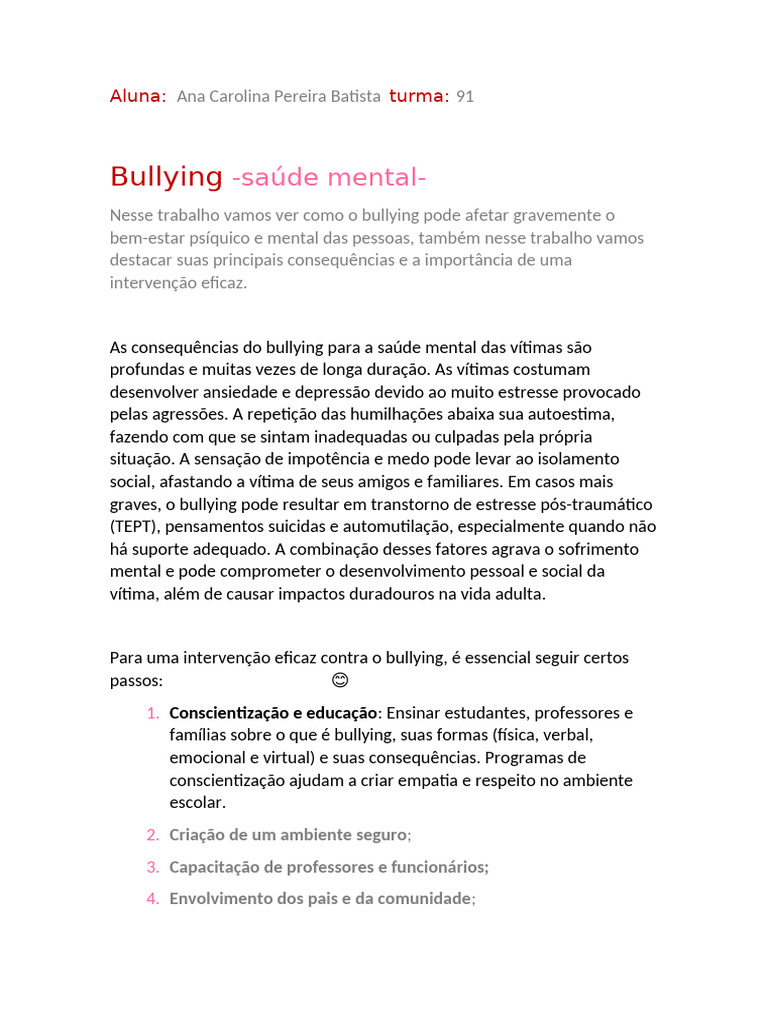 Consequências do Bullying na Saúde Mental | PDF