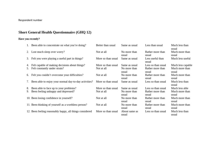 GHQ-12: Short Health Questionnaire | PDF | Psychology | Emotions