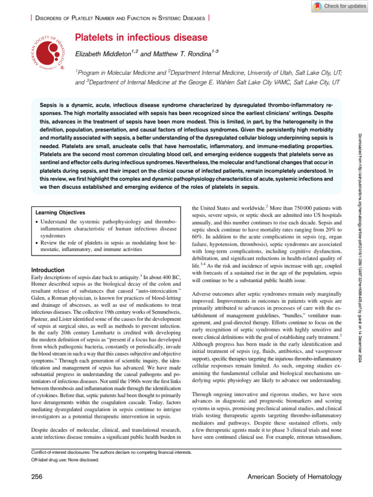 2016 - Platelets in Infectious Disease | PDF | Platelet | Sepsis
