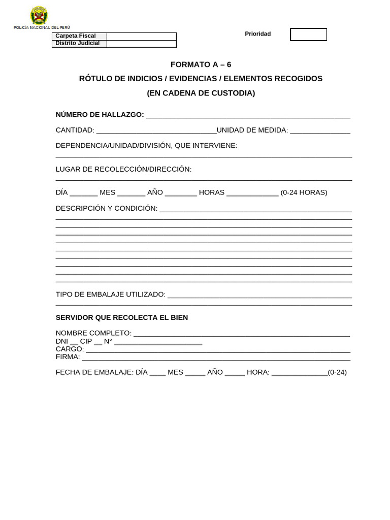 Formato A6 Rotulo de Indicios y Evidencias | PDF | Evidencia | Procedimiento legal