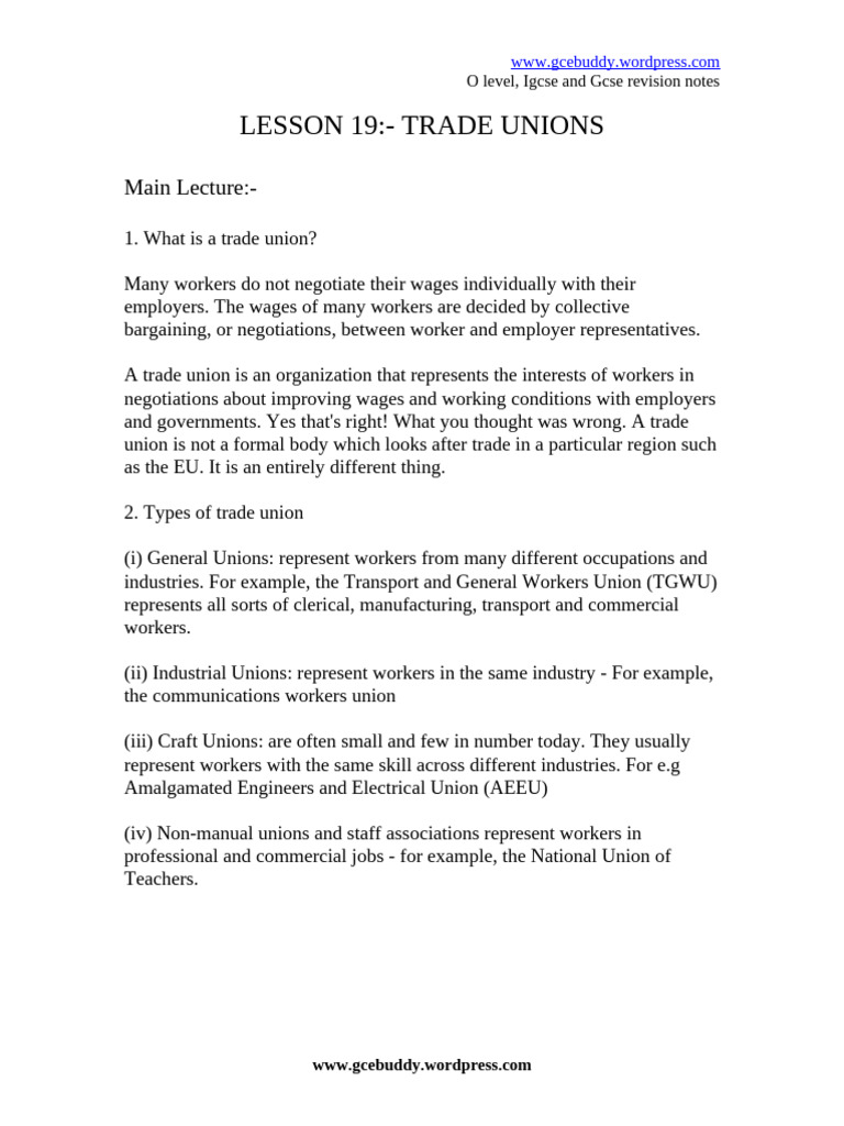 LESSON 19 - Trade Unions | PDF | Trade Union | Employment