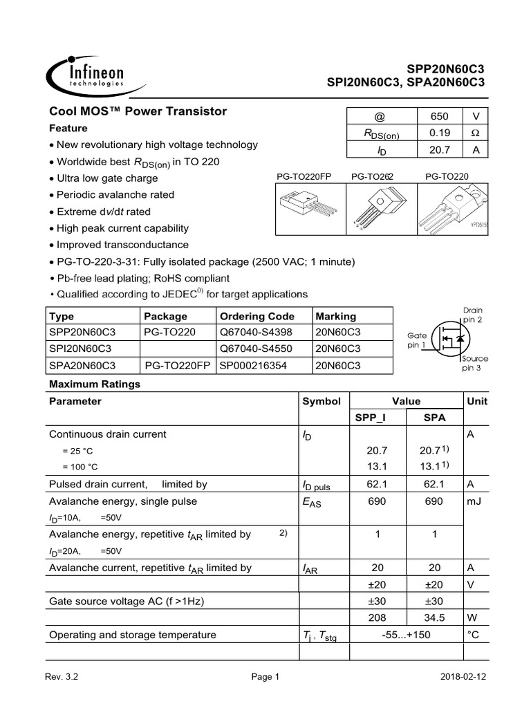 Infineon Spa20n60c3 Ds v03 02 en | PDF | Electrical Circuits | Electronic Design