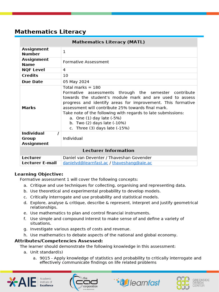 Mathematics Literacy - Formative Assessment 1 - Awk | PDF | Educational Assessment