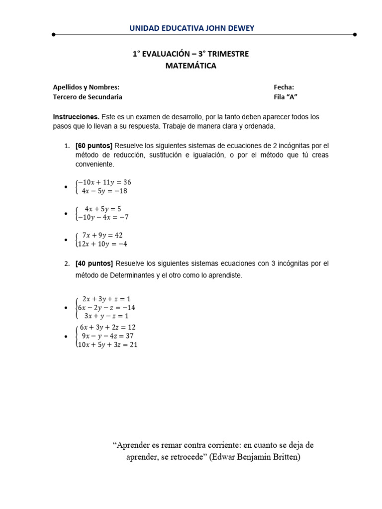 3° Sec. 1° Eva | PDF | Ecuaciones | Matemáticas