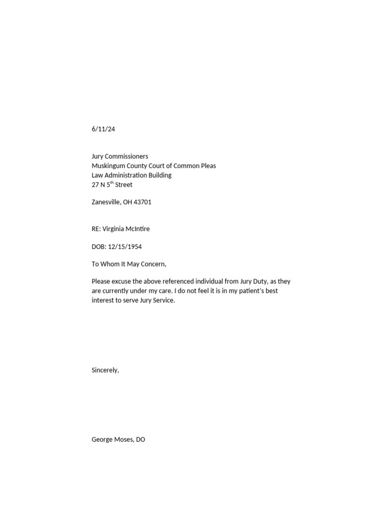 Jury Duty Excusal Letter Template | PDF