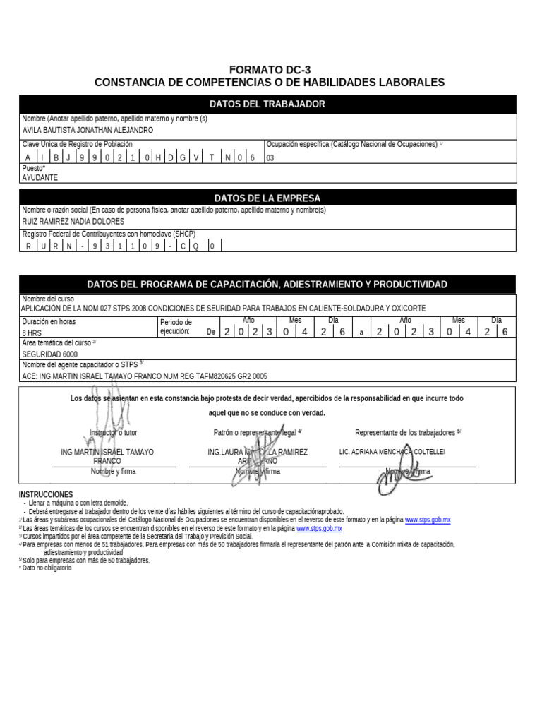 Constancia de Capacitación Laboral DC-3 | PDF