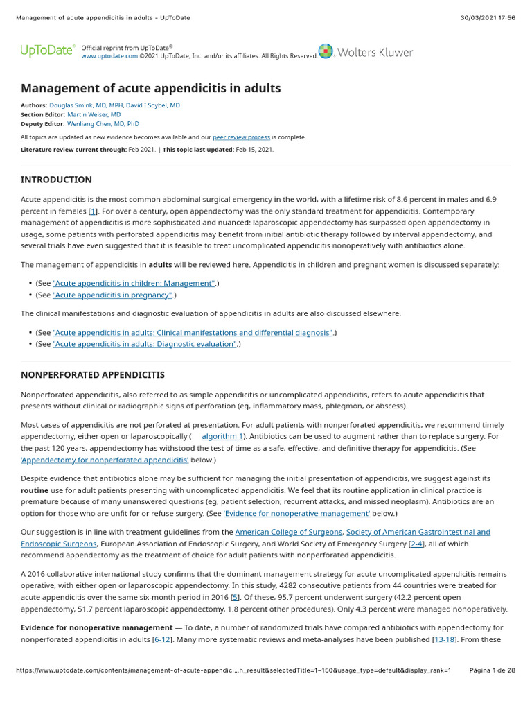 Management of Acute Appendicitis in Adults - UpToDate | PDF | Surgery | Wound